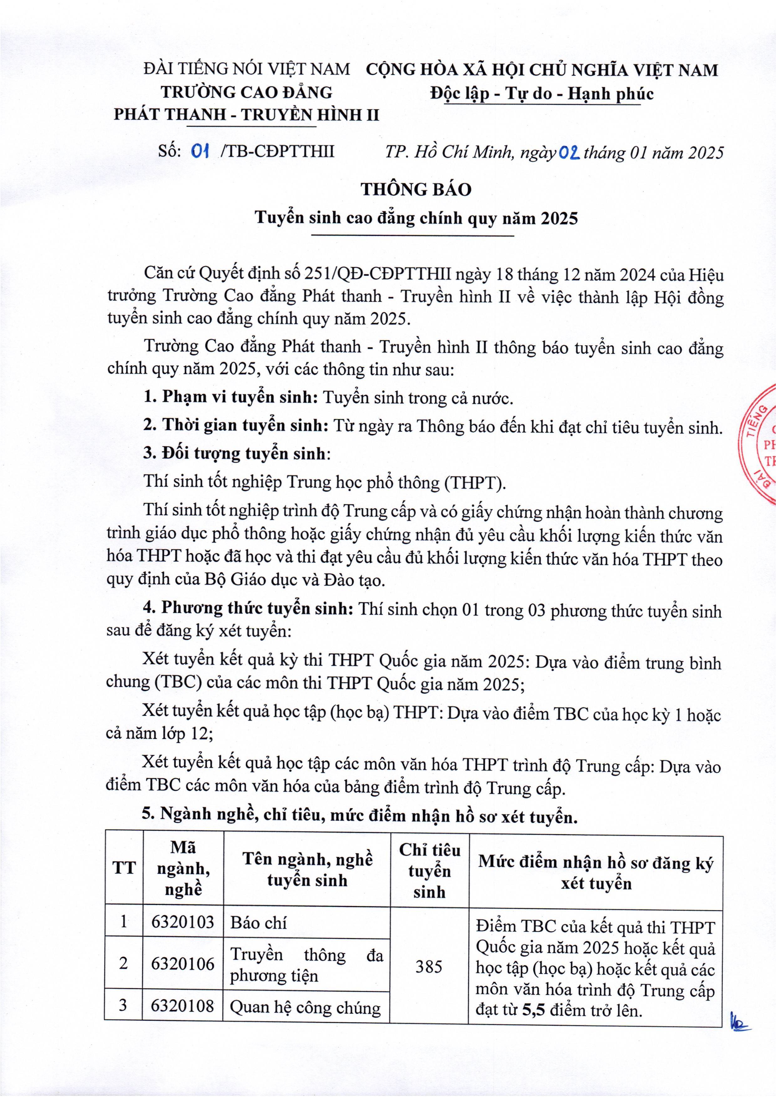 Thông báo Tuyển sinh Cao đẳng Chính quy năm 2025 | tuyensinh.vov.edu.vn
